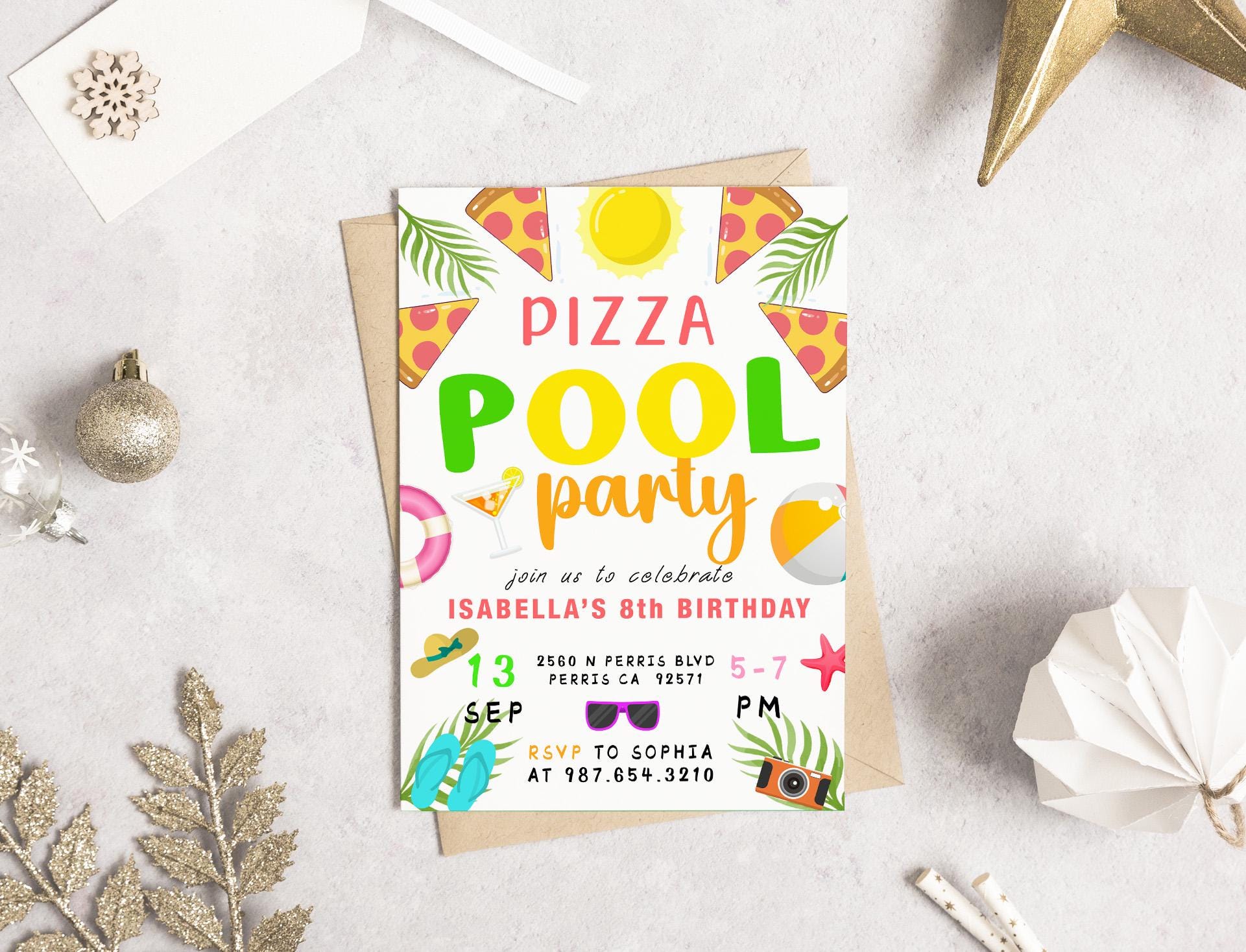 Editable Pizza Pool Party Birthday Invitation Template, Printable ...