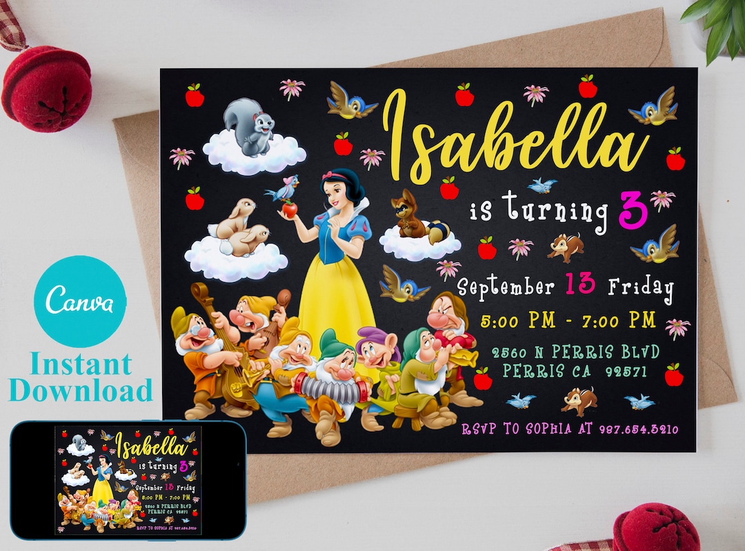 Snow White Birthday Invitation Template, Kids Party, Editable in Canva ...