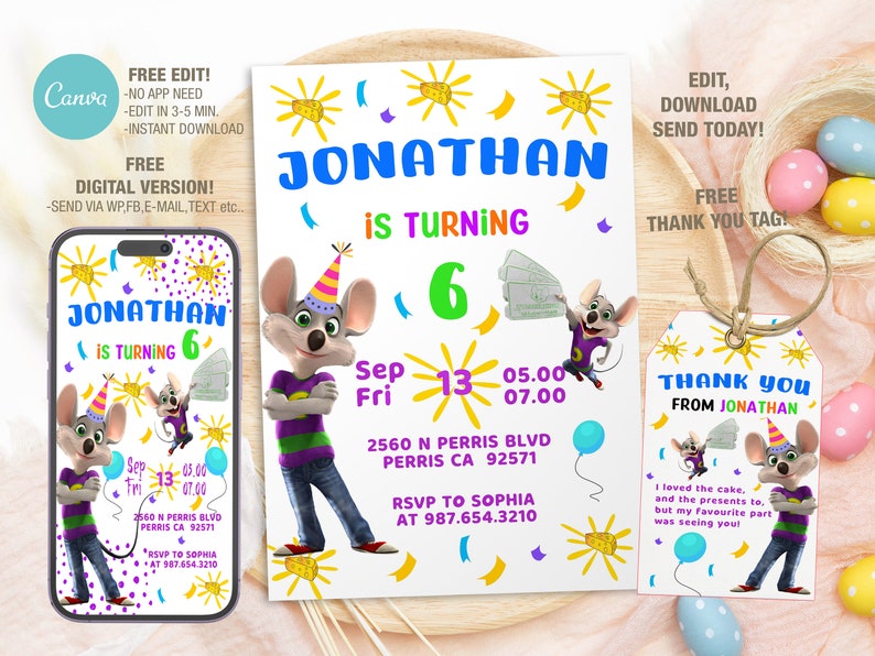 Editable Chuck E Cheese Birthday Invitation Template, Printable ...