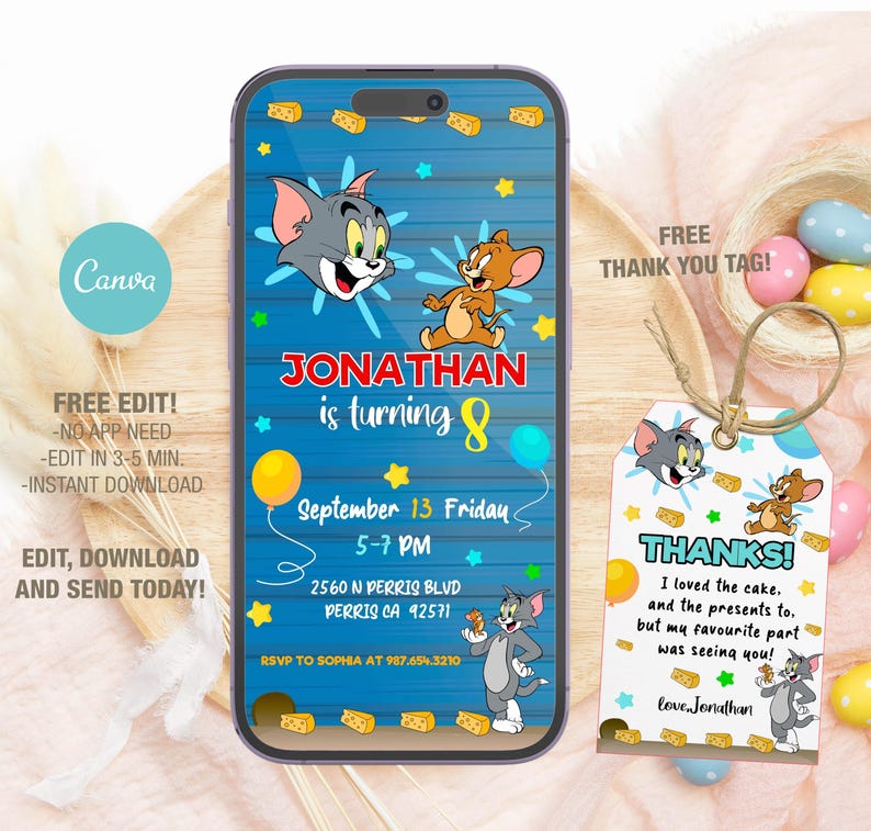 Editable Mobile Tom and Jerry Birthday Invitation Template, Birthday ...