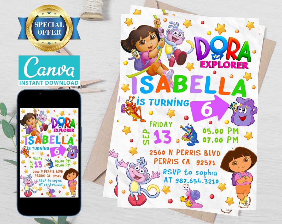 Editable Dora the Explorer Birthday Invitation Template, Printable ...