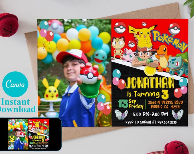 Invitación de Pokémon / Invitación editable / Invitación de cumpleaños ...