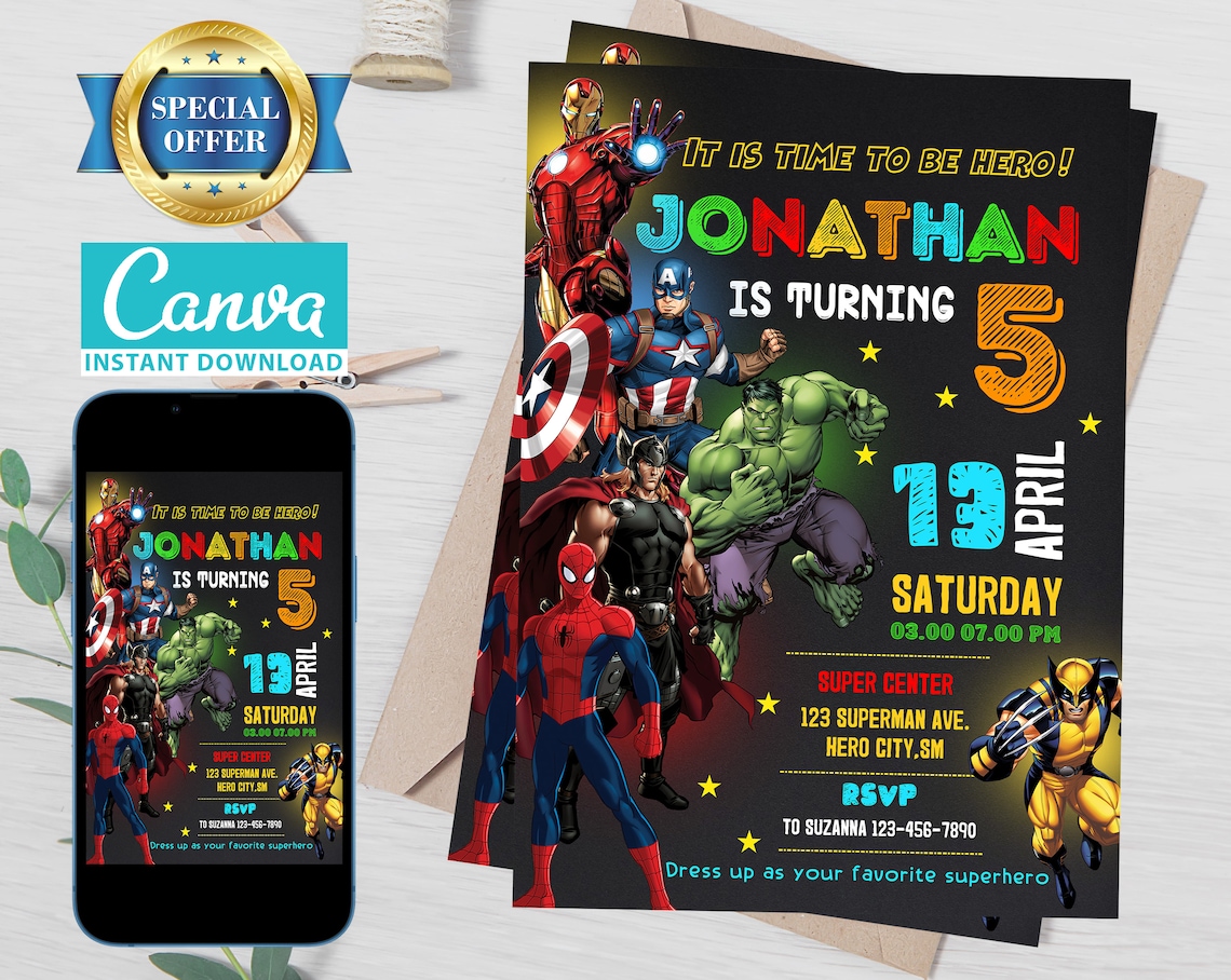 Editable Superheroes Birthday Invitation Template, Printable Birthday ...