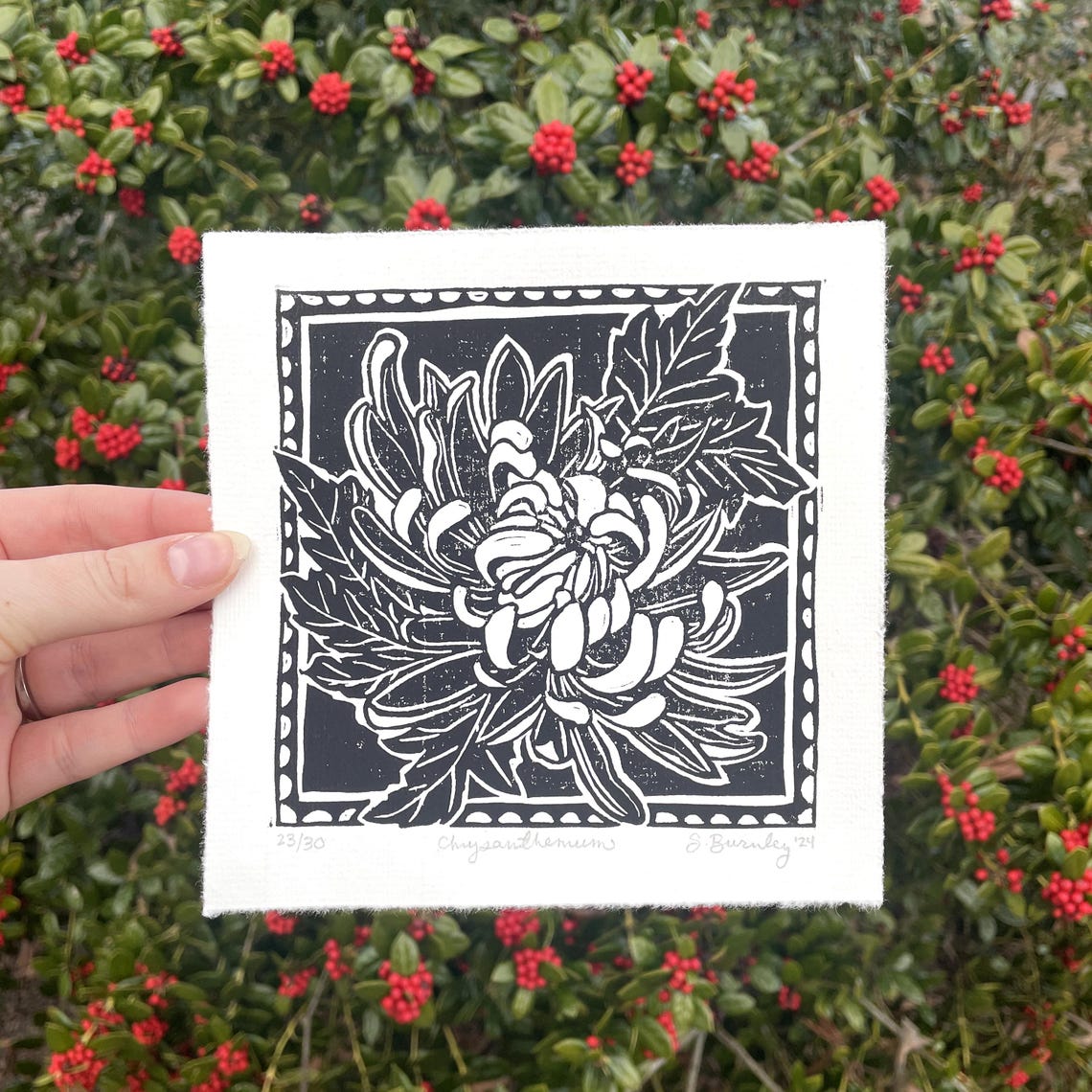 Chrysanthemum Linocut Print | Fall Floral Original Art - Etsy
