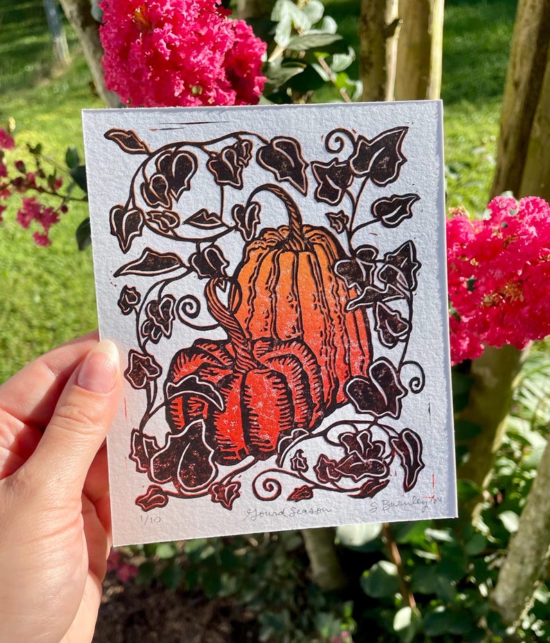 Gourd Season Linocut Print | Pumpkins and Vines Original Art - Etsy