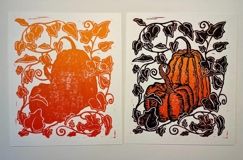 Gourd Season Linocut Print | Pumpkins and Vines Original Art - Etsy
