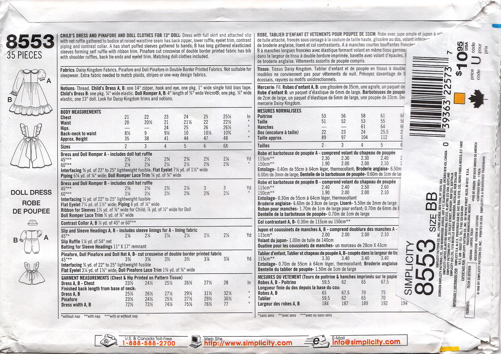 1998 Uncut Girl's DAISY KINGDOM DRESS & Doll Clothes Pattern Simplicity ...