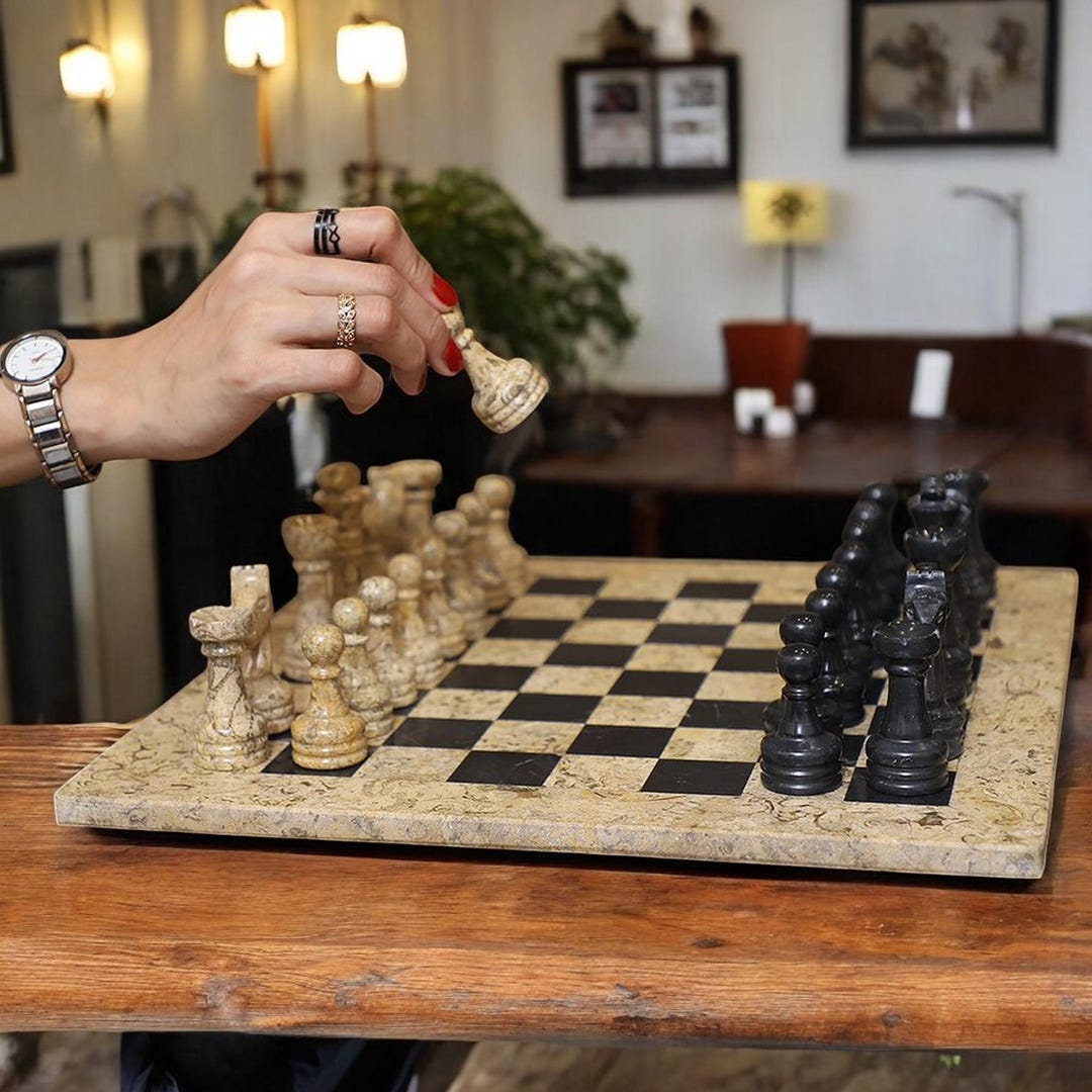 Marble Chess Sets Marble Chess Board Game Fossil Coral & Black Gifts ...