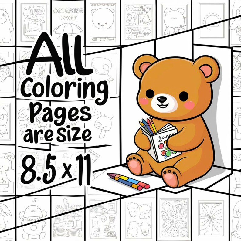 Kawaii Bear Coloring Pages for Adults, Cozy Bear Coloring Book, Kawaii ...