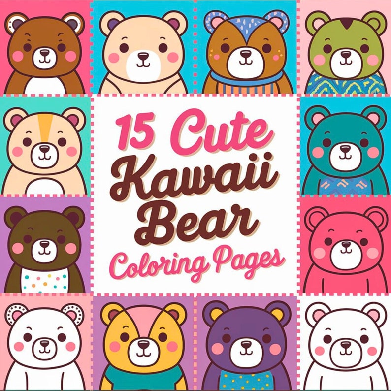 Kawaii Bear Coloring Pages for Adults, Cozy Bear Coloring Book, Kawaii ...