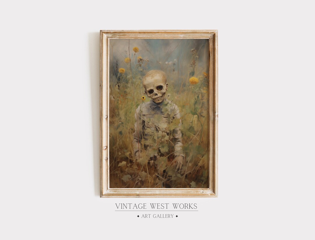 Vintage Floral Zombie Boy Art Print | Spooky Undead Kid in Wildflower ...