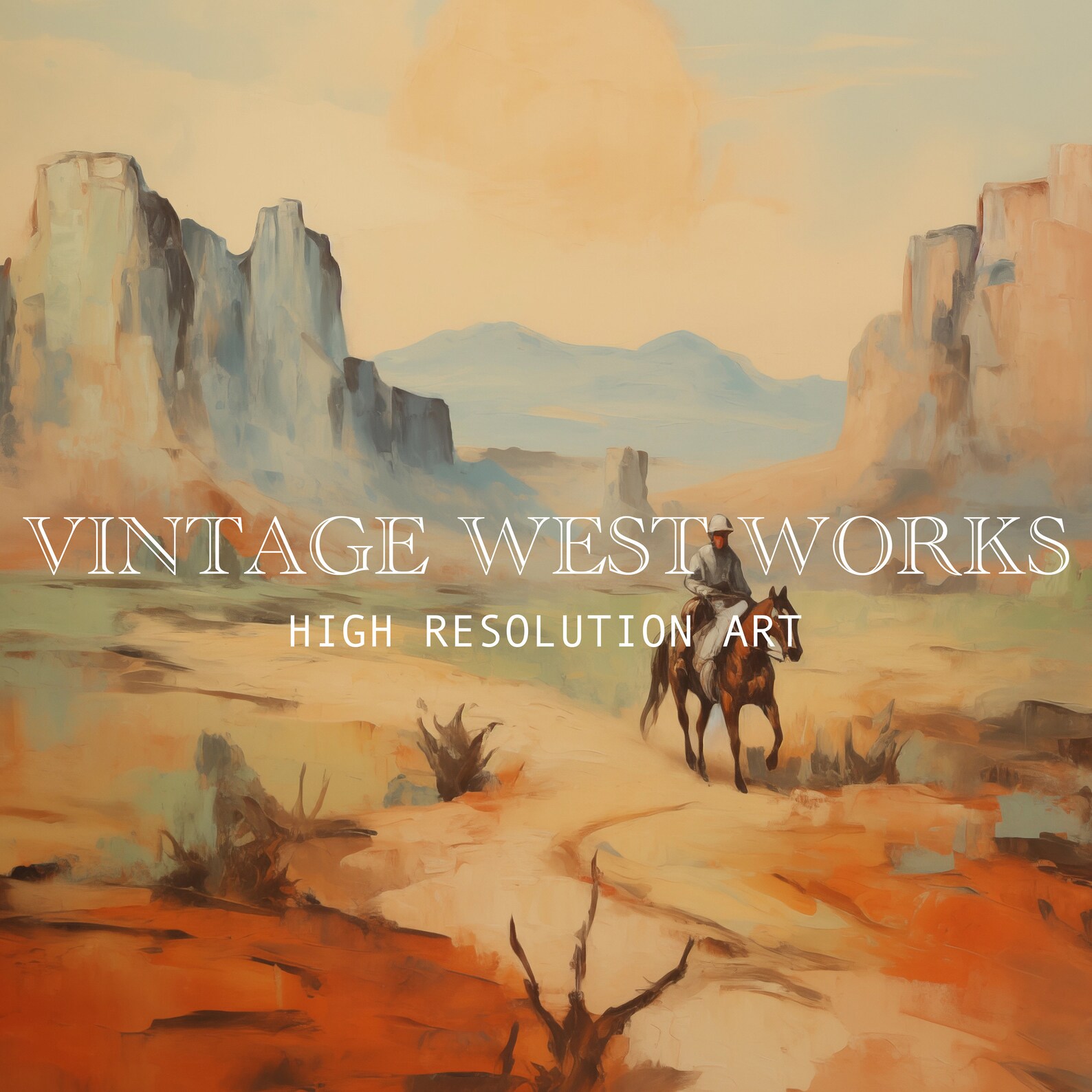 American West Colorful Landscape Art Print | Roaming Cowboy at Sunset ...