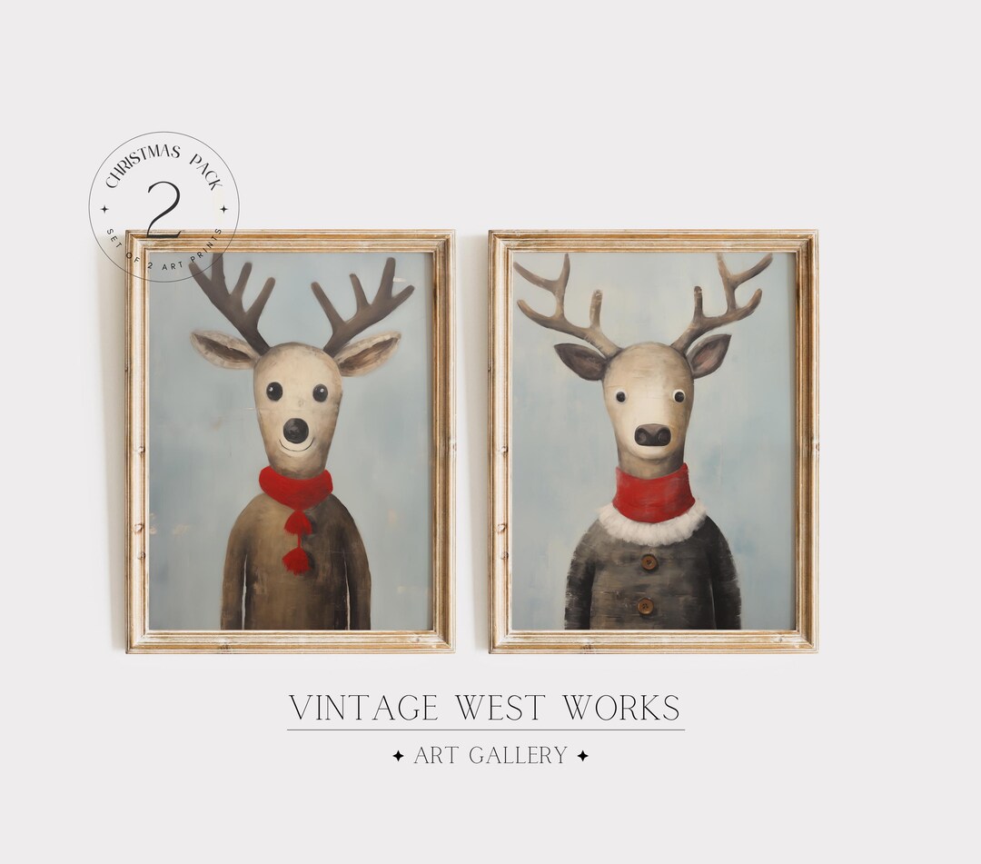 Cute Christmas Reindeer Portrait Wall Art | Set of 2 Christmas Prints ...