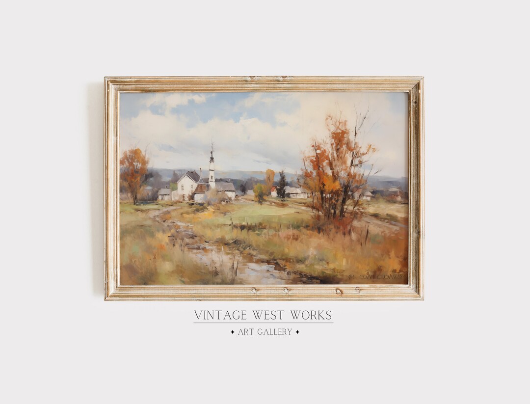 Vintage Autumn Rural Town Art Print | Fall Pastoral Village Oil ...