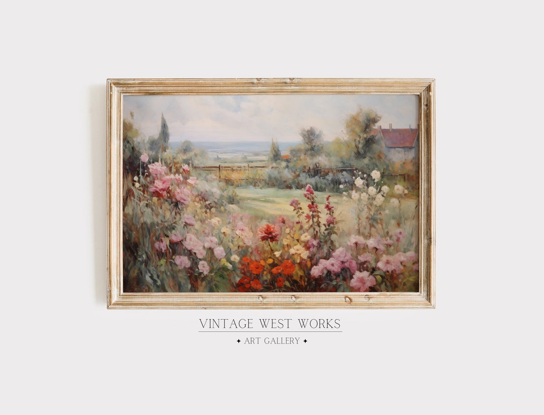 Vintage Rose Garden Art Print | Lively Botanical Landscape Oil Painting ...