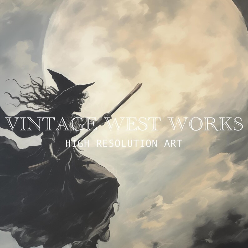 Vintage Spooky Flying Witch Art Print | Full Moon Night Witch ...