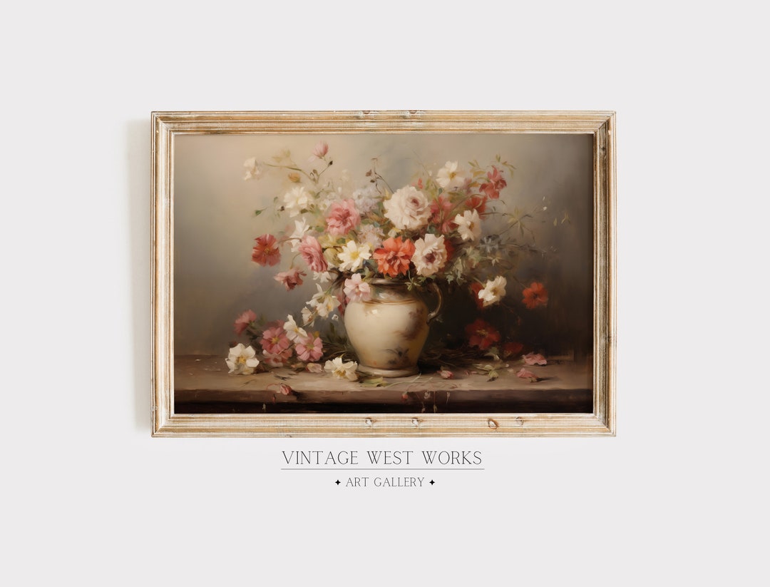 Vintage Botanical Still Life Oil Painting | Antique Neutral Flower Vase ...