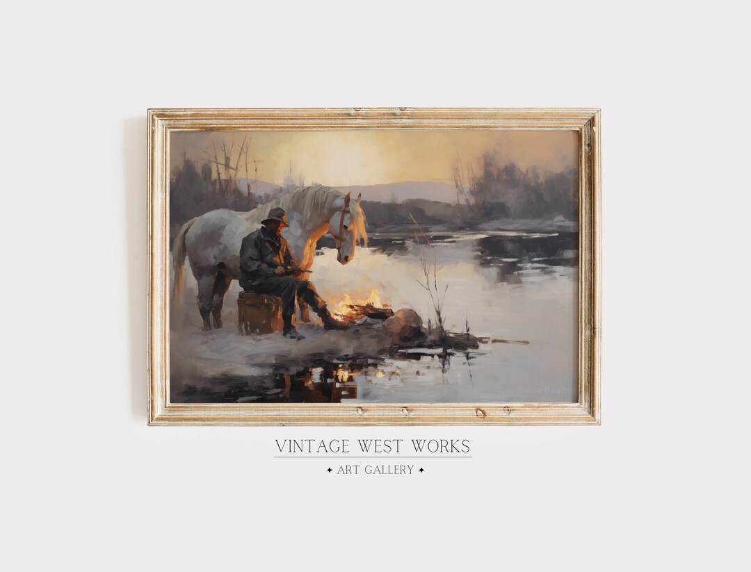Vintage Sunset Cowboy Bonfire Art Print | Old West Winter Oil Painting ...