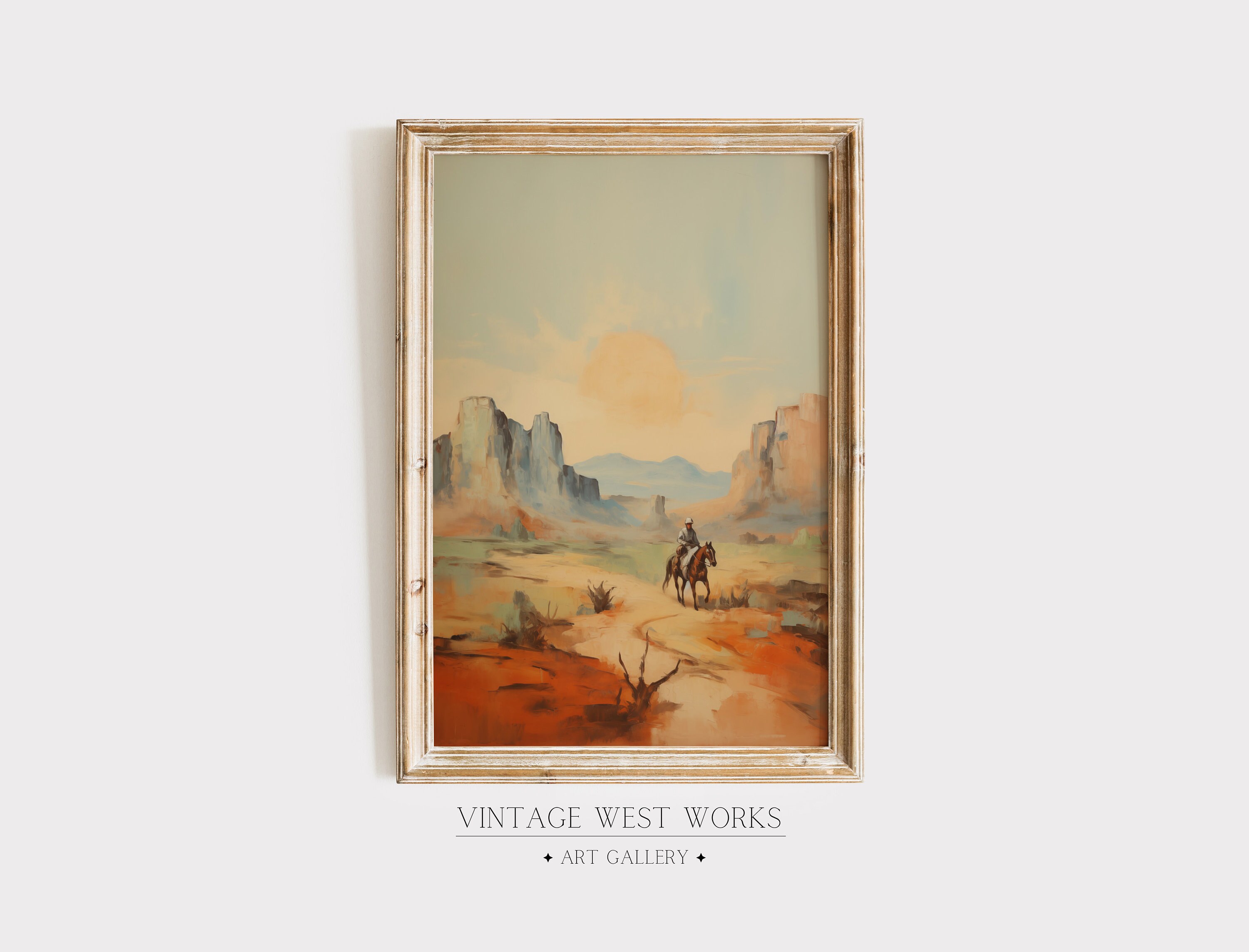 American West Colorful Landscape Art Print | Roaming Cowboy at Sunset ...