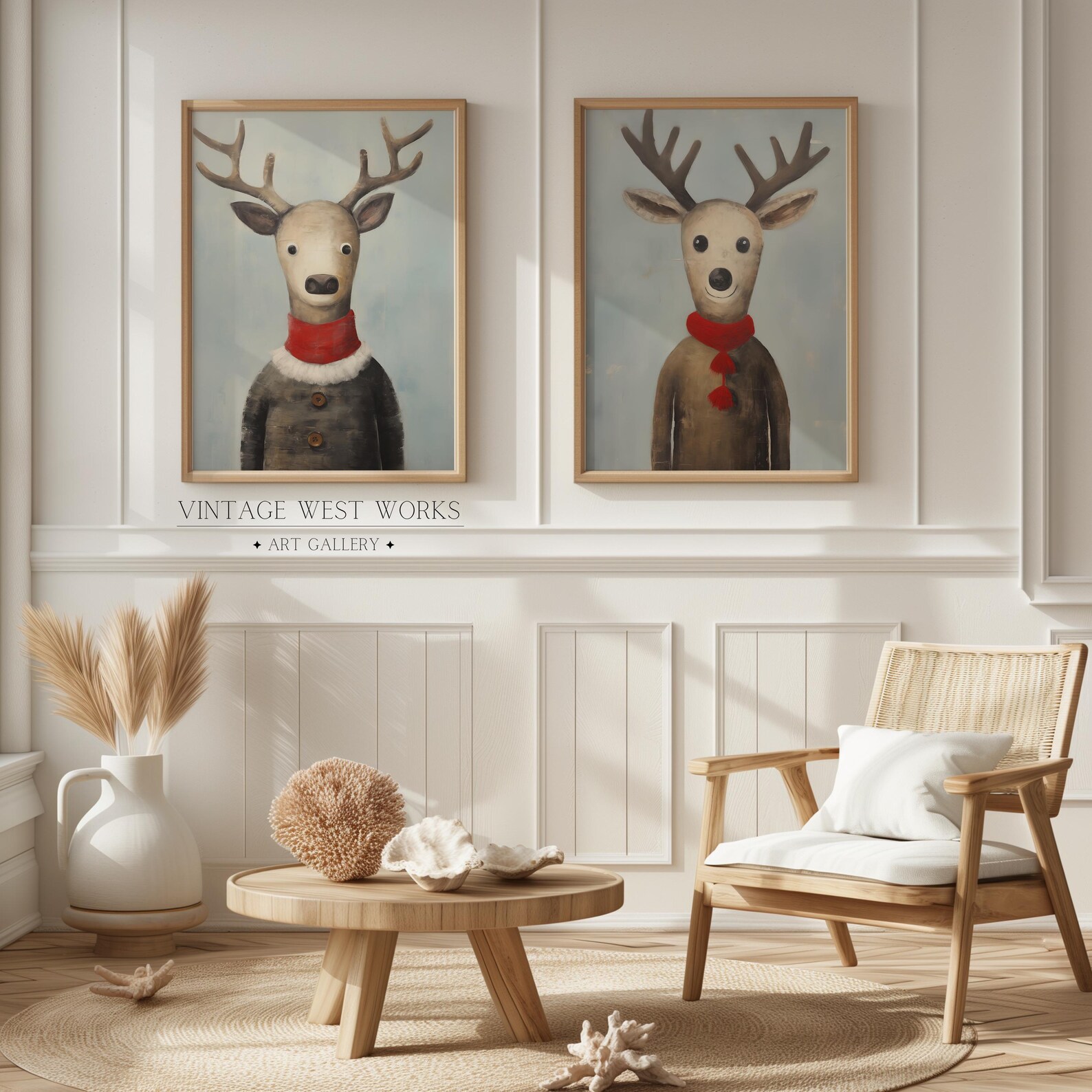 Cute Christmas Reindeer Portrait Wall Art | Set of 2 Christmas Prints ...