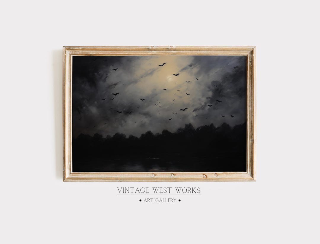 Vintage Bat-filled Night Sky Art Print | Spooky Bats Flying Over Moon ...