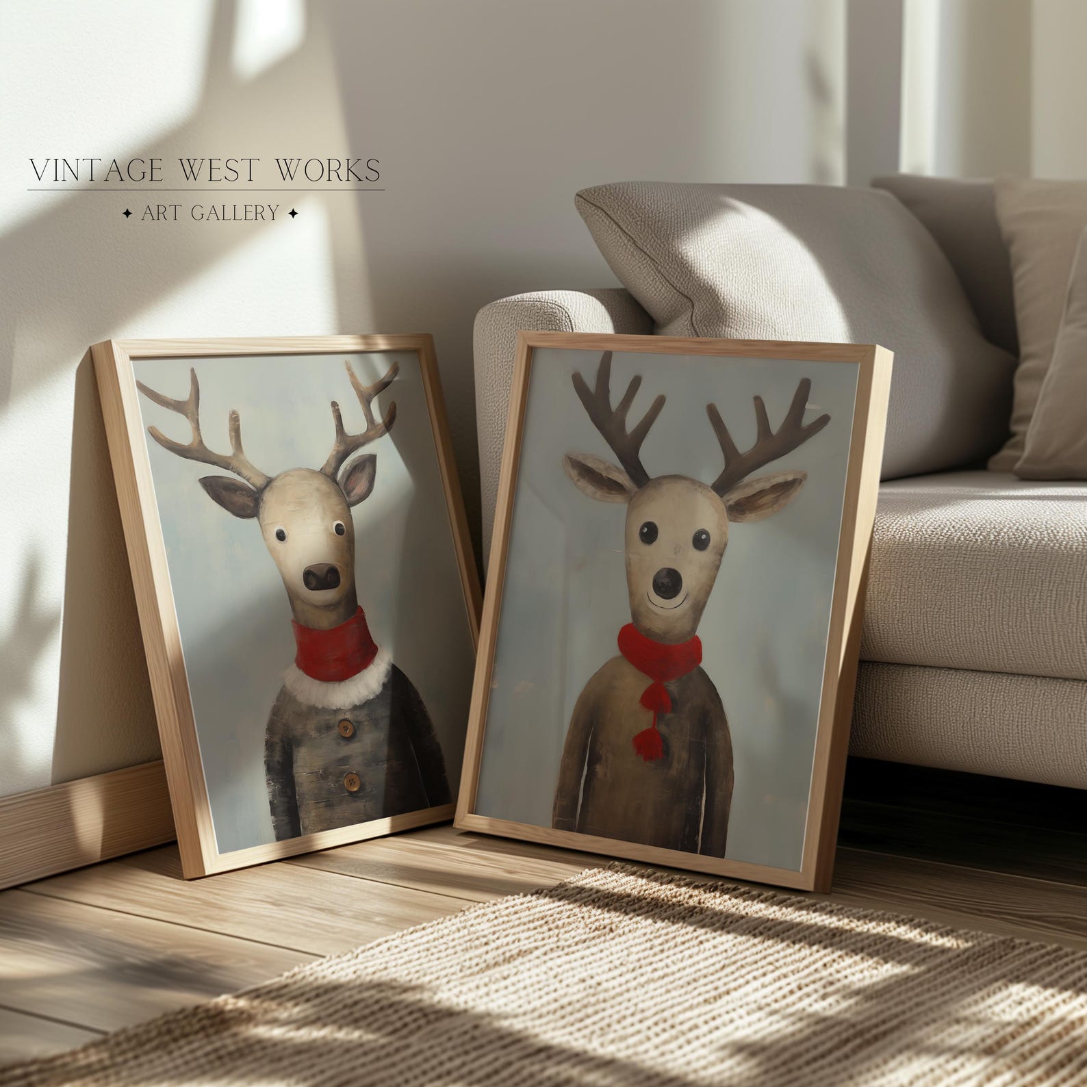 Cute Christmas Reindeer Portrait Wall Art | Set of 2 Christmas Prints ...