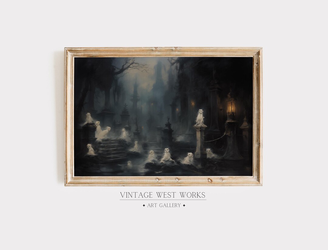 Spooky Pet Cemetery Art Print | Gothic Cat Ghosts Roaming Foggy ...