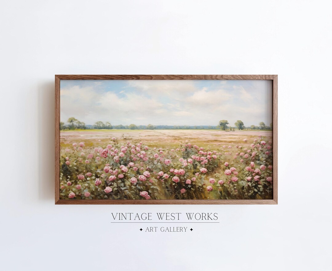 Muted Pink Rose Field Frame TV Art, Floral Landscape Art for TV, Soft ...