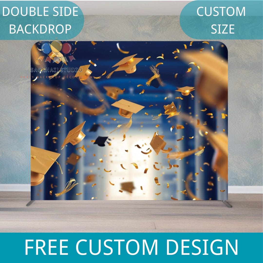 Congrats Graduation Gold Hat Photo Booth Pillowcase Backdrop Blue ...