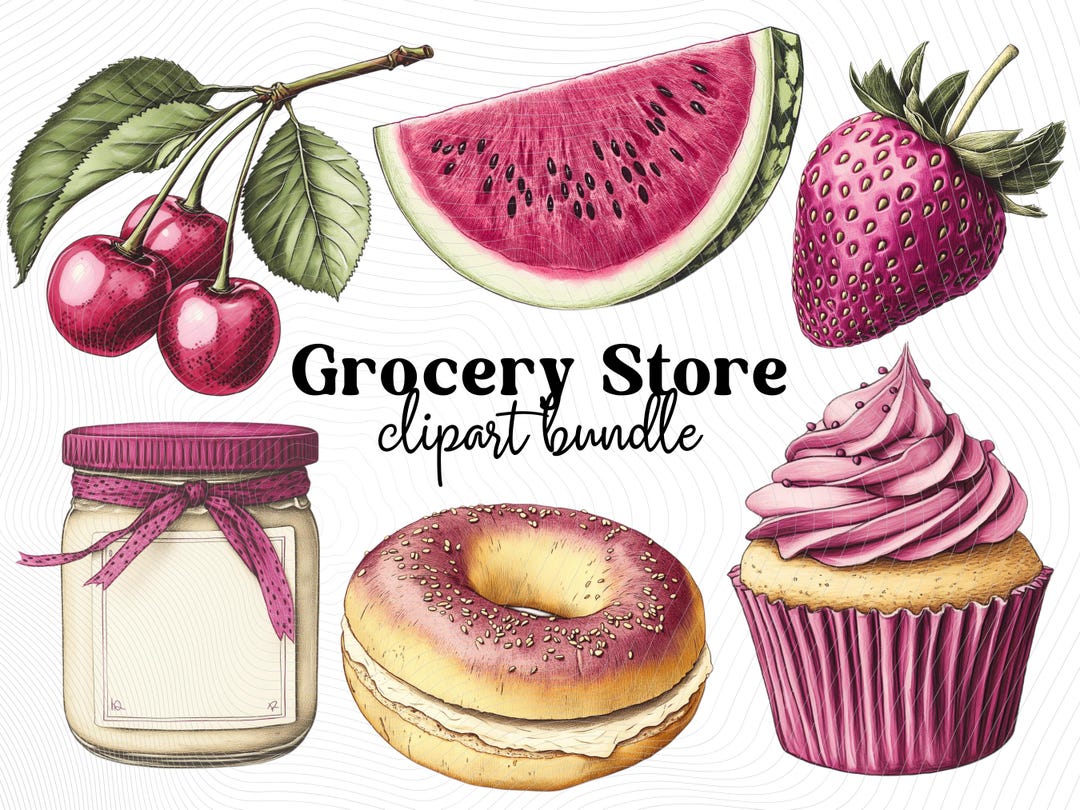 Maroon Grocery Store Food Illustrations Clipart Bundle Instant Download ...
