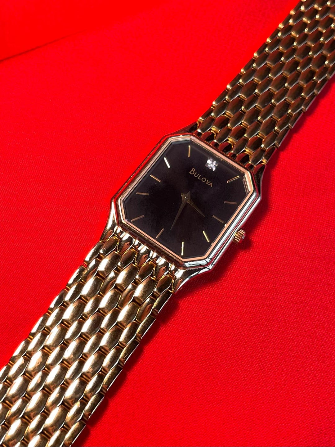 Vintage Bulova Gold Tone Watch With Jet-black Dial and Uniquely ...