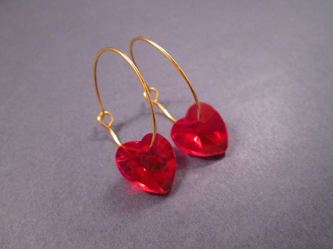 Crystal Heart Earrings, Ruby Red and Gold Hoop Earrings, FREE Shipping ...