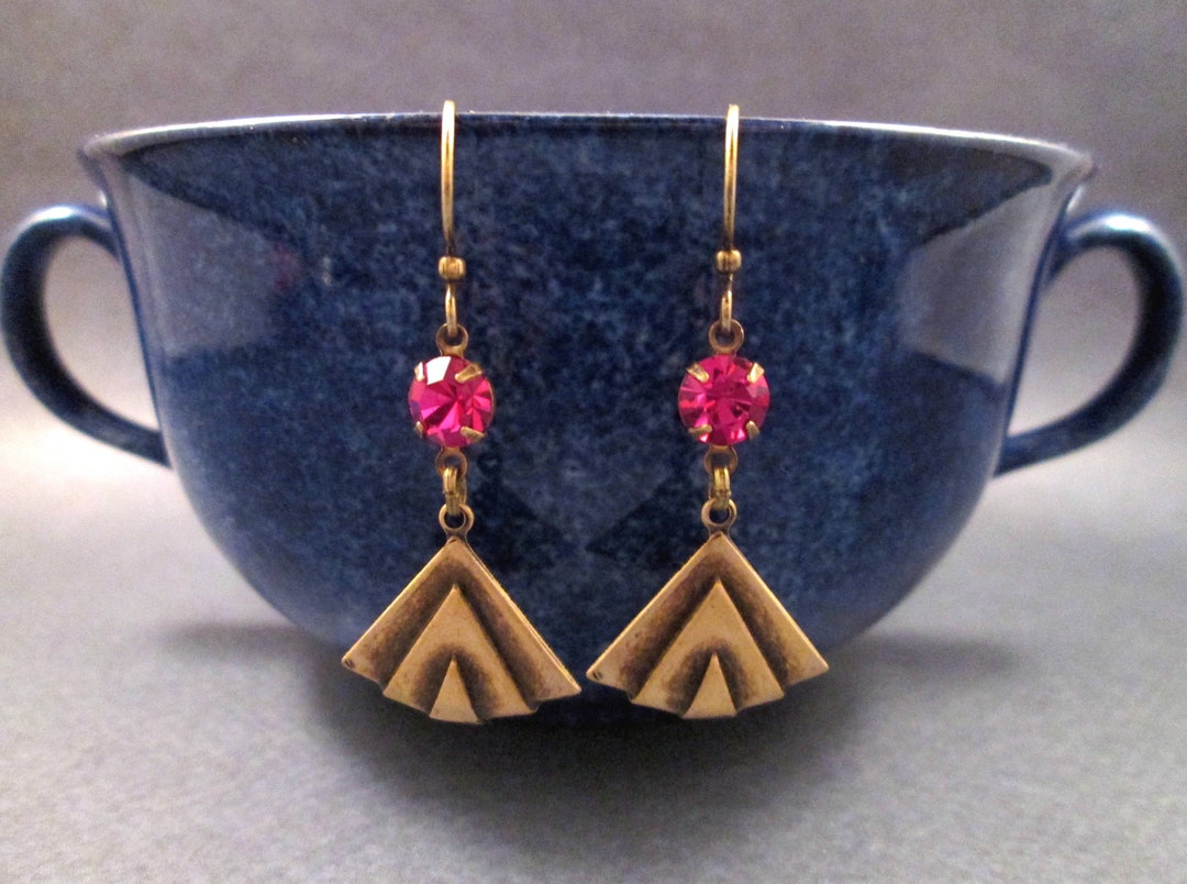 Triangle Fan Earrings, Berry Pink Glass Rhinestones, Brass Dangle ...