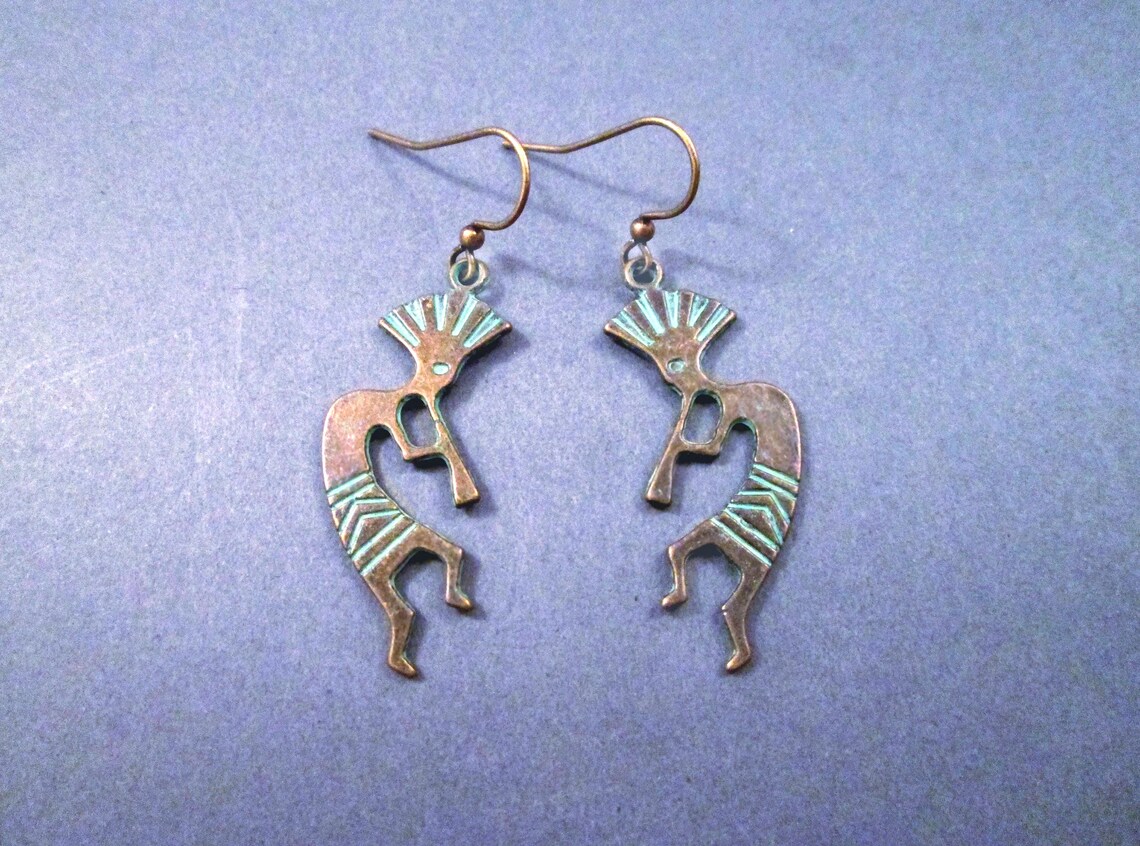 Kokopelli Tribal Design Earrings, Fertility Symbol With Teal Verdigris ...