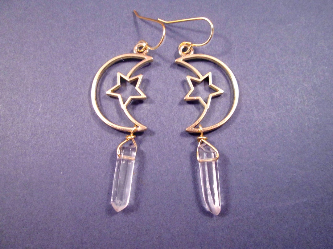 Quartz Crystal Point Earrings, Crescent Moon and Star Earrings, Gold ...