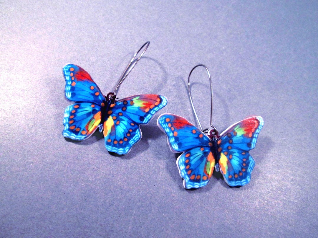 Butterfly Earrings, Blue and Rainbow Acrylic Butterflies, Gunmetal ...