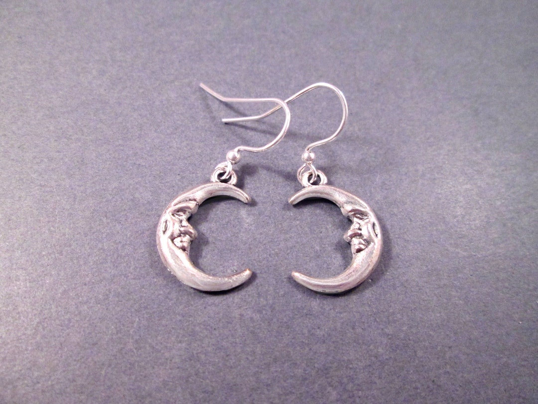 Crescent Moon Earrings, Man in the Moon, Silver Dangle Earrings, FREE ...