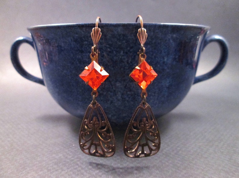 Rhinestone Earrings Red Glass Rhinestones and Copper Filigree - Etsy