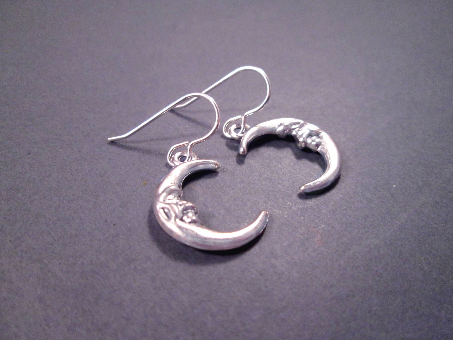 Crescent Moon Earrings Man in the Moon Silver Dangle - Etsy