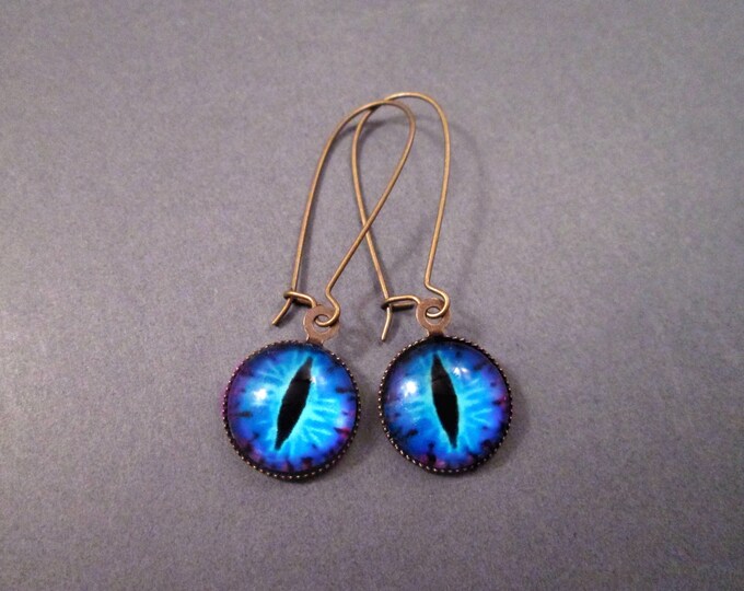 Eye See You, Blue and Purple Glass Cabochons, Brass Cat's Eye Earrings ...