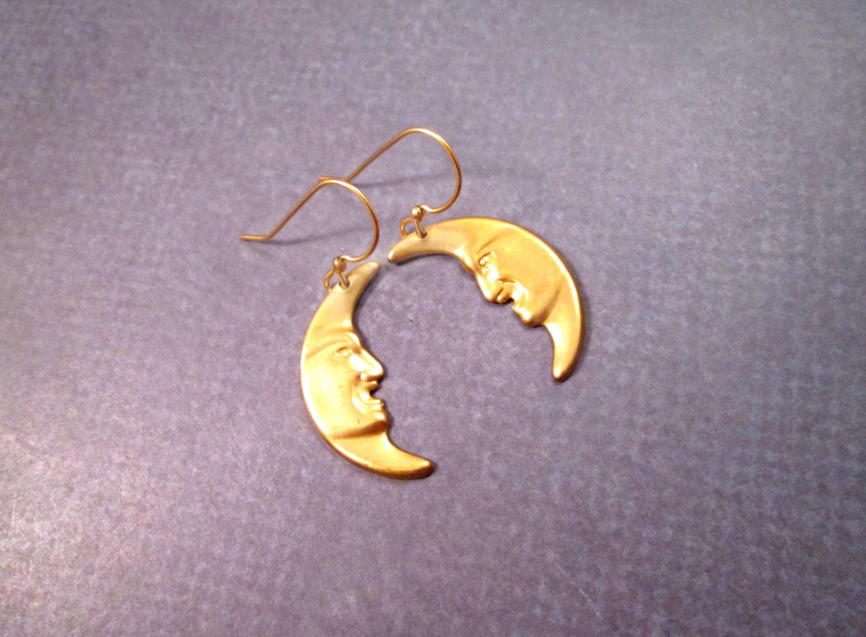 Crescent Moon Earrings Man in the Moon Raw Brass and Gold - Etsy