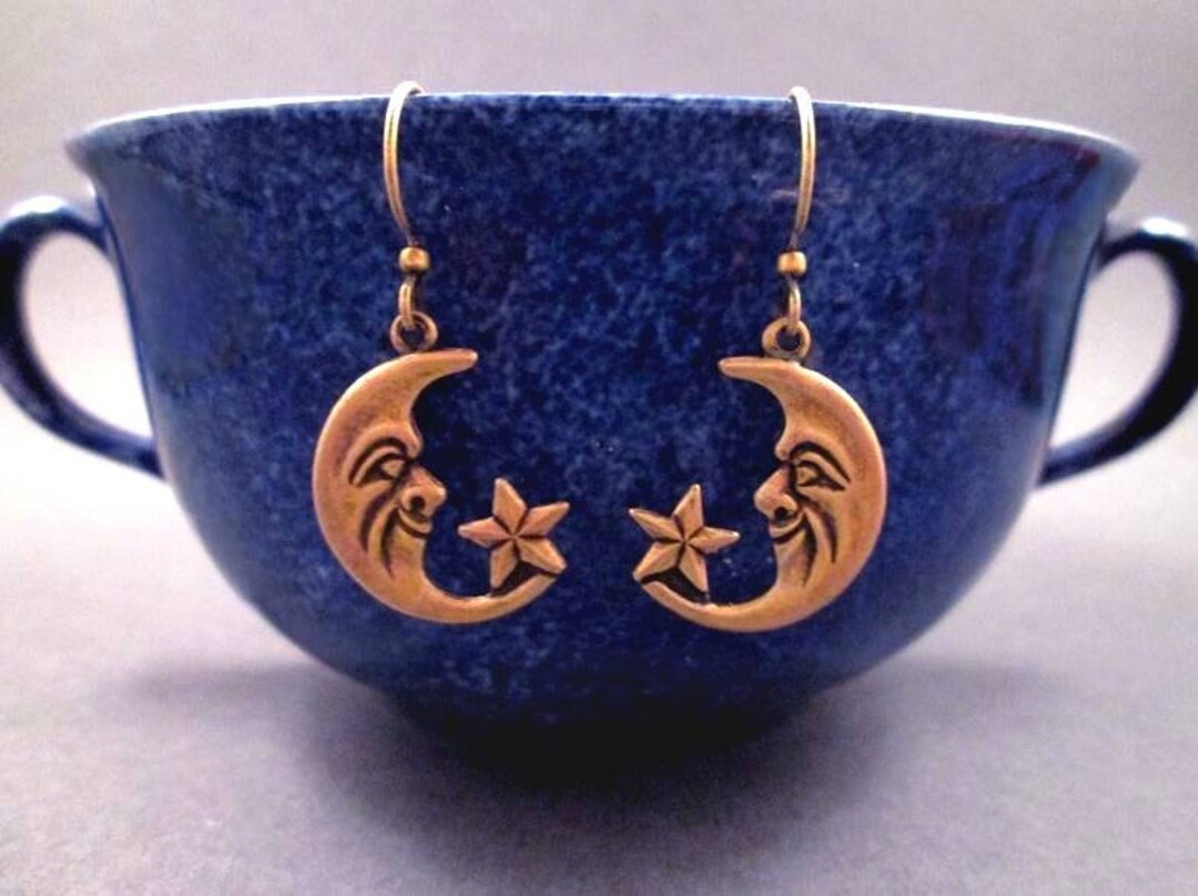 Crescent Moon and Star Earrings, Man in the Moon, Brass Dangle Earrings ...