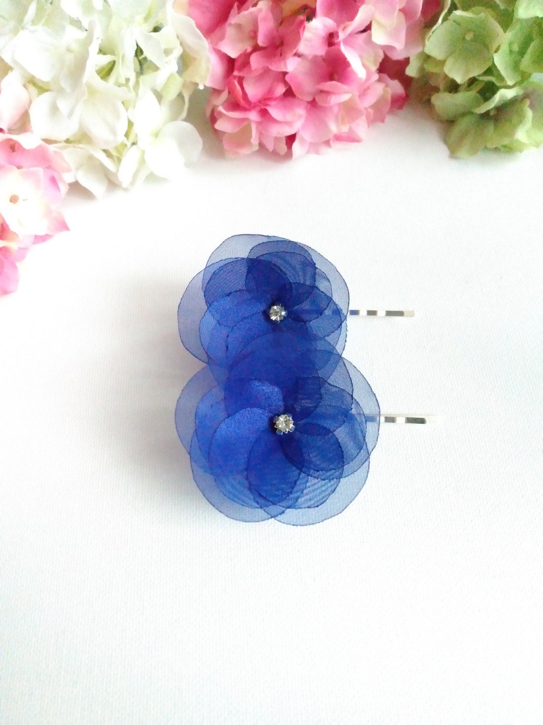 2 Cobalt Blue Organza Flowers Hair Pins - Etsy