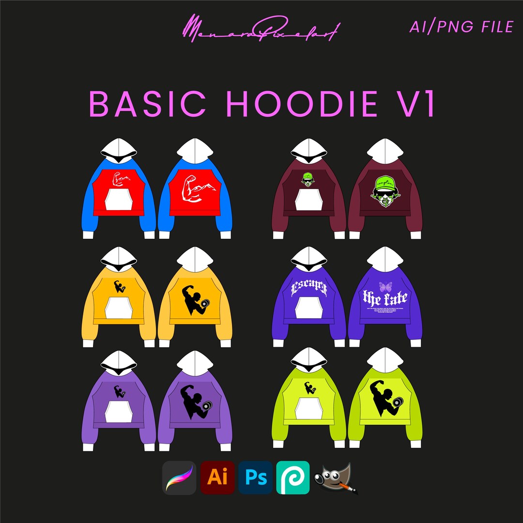 BASIC HOODIE V1 Streetwear Vector Mockup Pack Streetwear Mockups Template Bundles Fashion AI and ...