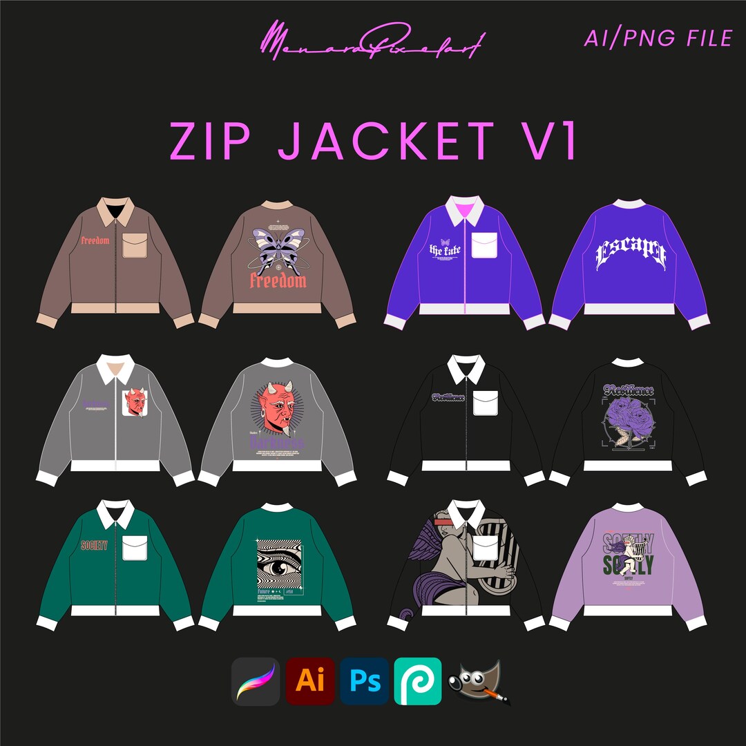 Streetwear Zip Jacket Vector Mockup Pack: AI & PNG Tech Pack - Etsy