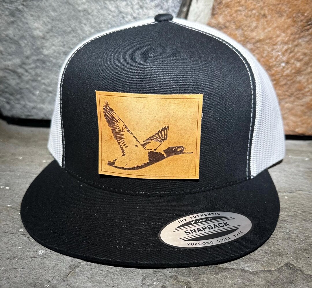 Flying Duck Leather Patch Hat | Waterfowl | Richardson 112 | Yupoong Flat Bill | Laser Engraved ...