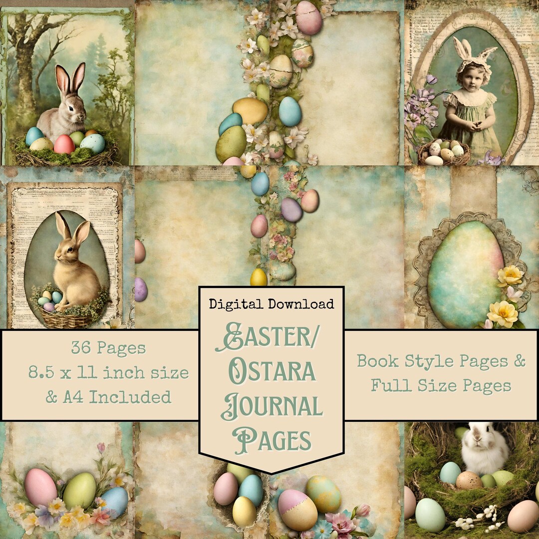 Easter Ostara Theme Junk Journal Pages, Bunnies Moss Nest Eggs, Digital ...