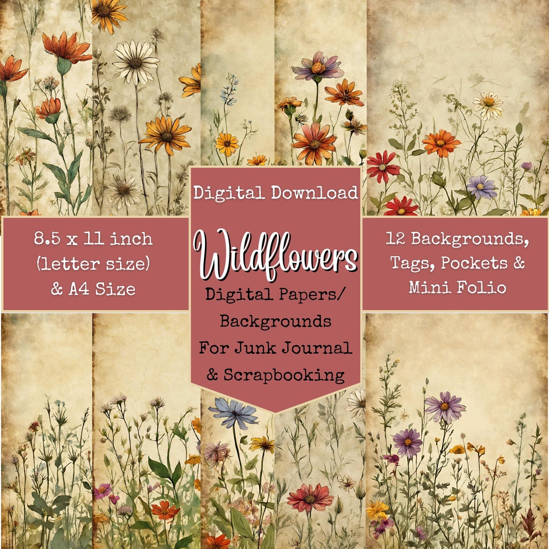 Wildflower Digital Papers, Flower Backgrounds for Junk Journaling ...