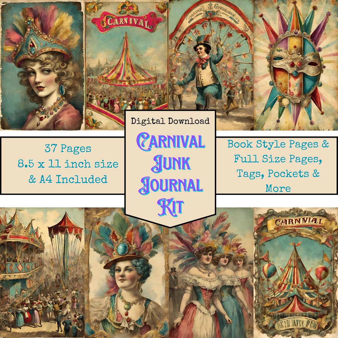 Carnival Theme Junk Journal Kit, World's Fair Circus, Grungy Digital ...