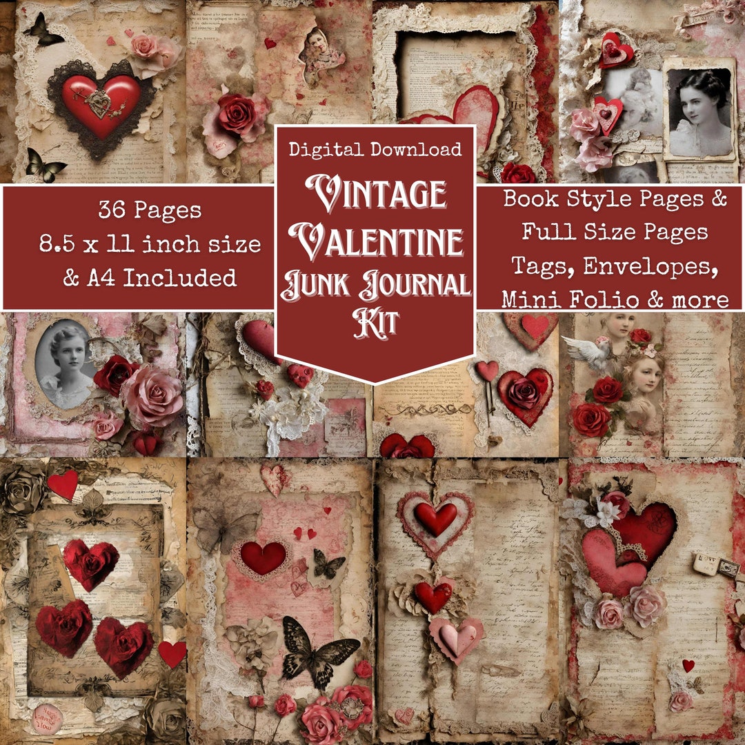 Valentines Day Theme Junk Journal Kit, Hearts and Lace, Altered Art ...